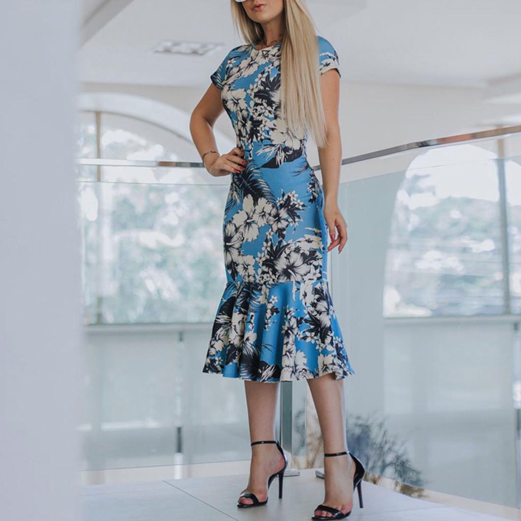 Buy Women's Short Sleeve O-NecK Floral Bodycon Derss Elegant Midi Party ...