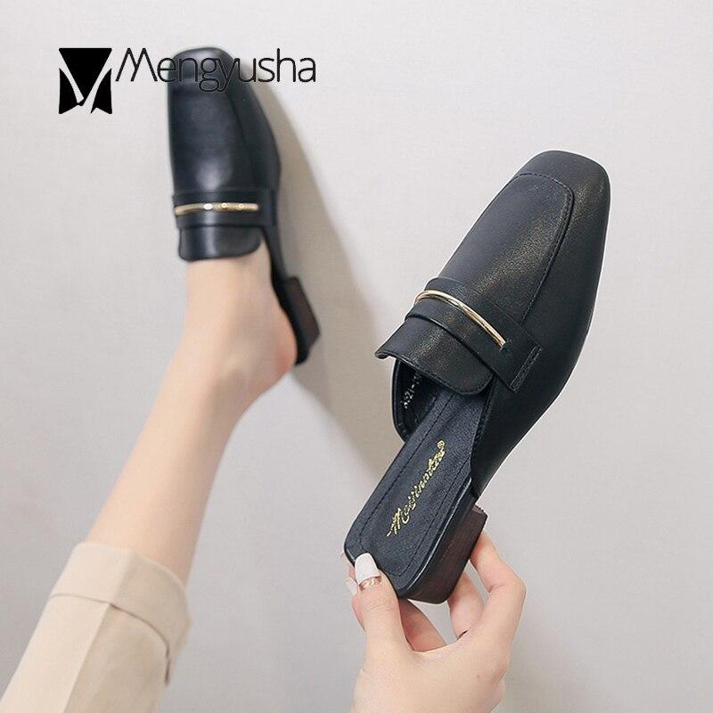 Cheap Metalic Stripes Band Closed Toe Mules Slippers Women Retro Square ...
