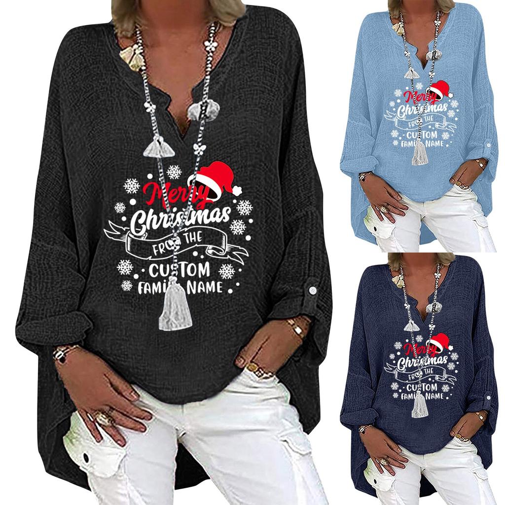Buy Women's Fashion Casual Christmas Theme Printed V-neck Cotton And ...