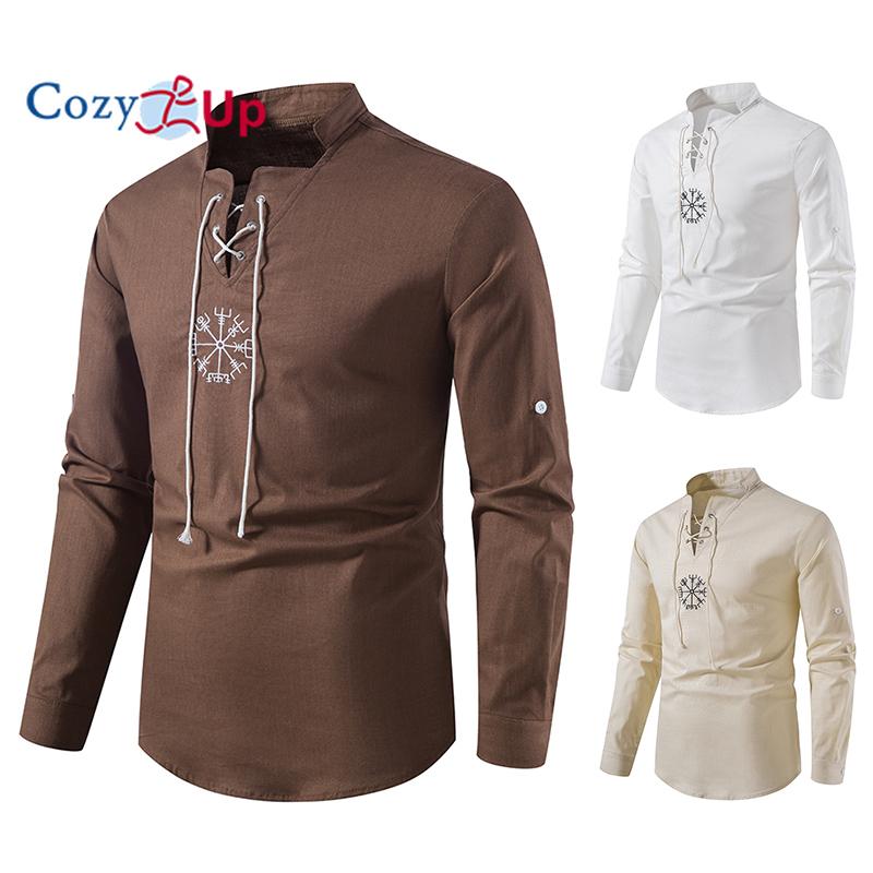 Cozy Up Cotton Linen Shirts for Men Embroidery Solid Bandage Pullover ...