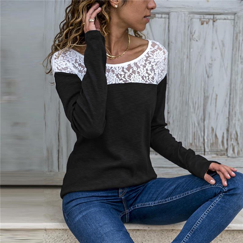 Buy Women R-Neck Fashion Casual Long Sleeves Sexy Lace Pullover T ...