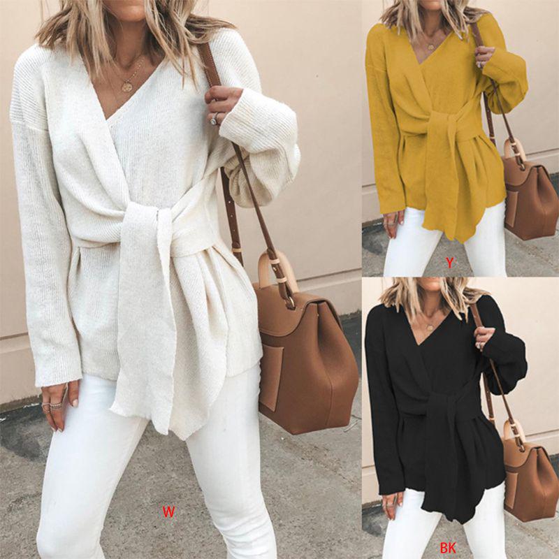 Buy Womens Long Sleeve Tie Knot Front Sweater Wrap V-Neck Knitted Tunic ...