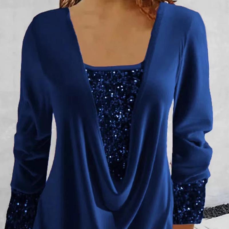 Cheap Women's Cotton Long Sleeve Loose T-Shirt Pleated Blouse Sequins ...
