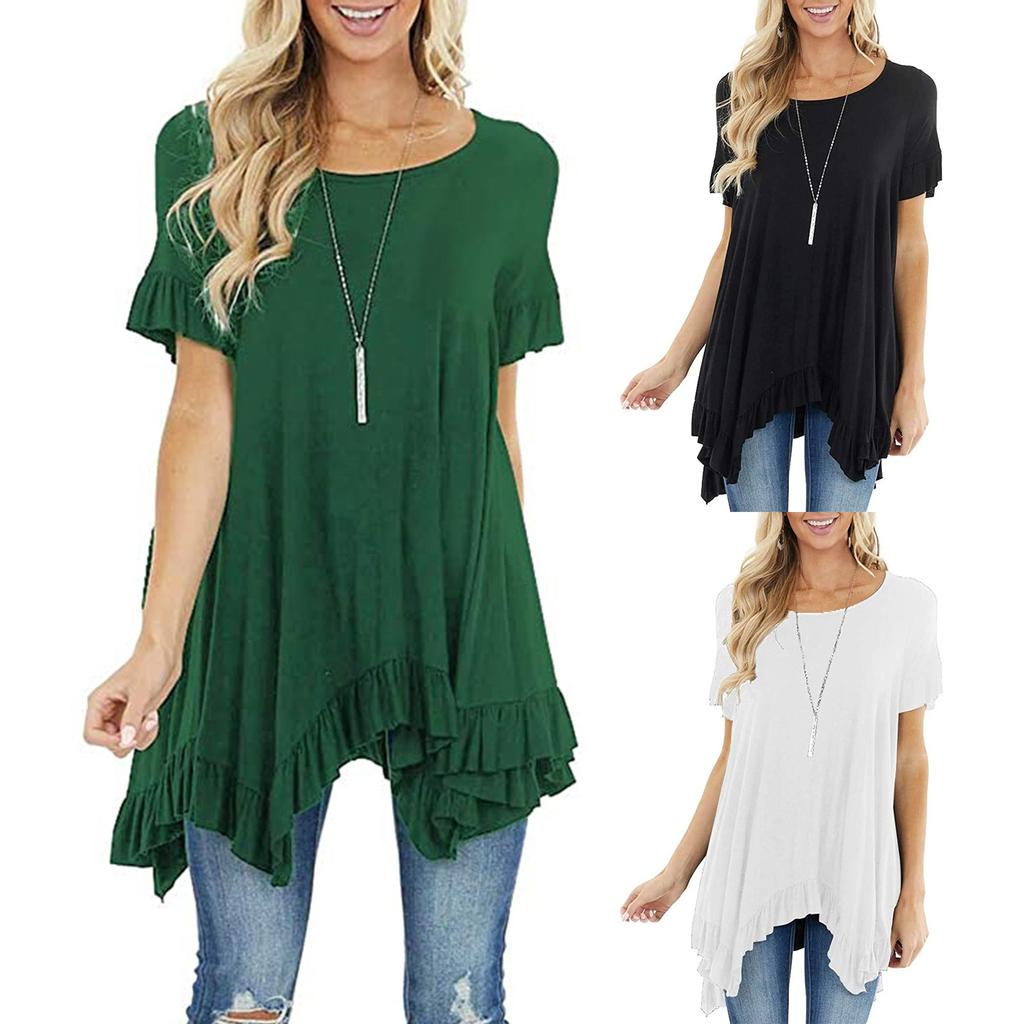 Women's Fashion Casual Irregular Ruffle Round Neck Short Sleeve Tops ...
