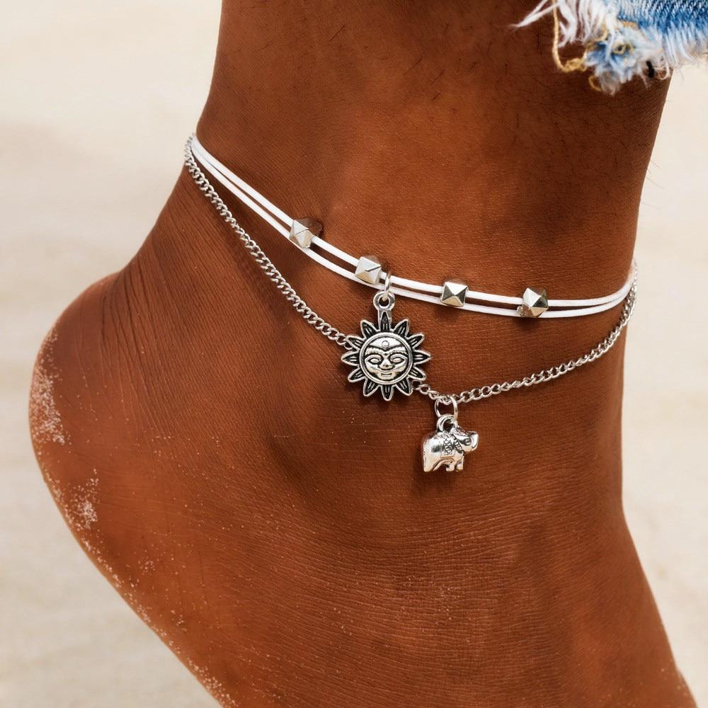 Buy Multilayer Anklets for Women Boho Elephant Sun Pendant Anklet Rope ...