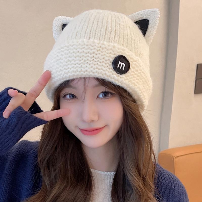 Buy Winter Thicken Knitted Cat Ear Beanie Hats Soft Knit Cap Stretch ...