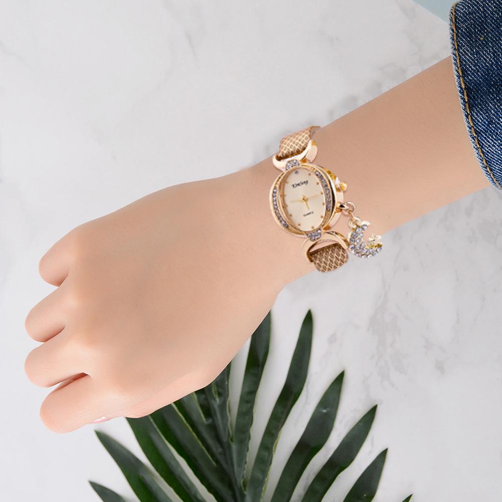 Buy Moon Rhinestone Bracelet Watches Women Leather Strap Oval Quartz ...