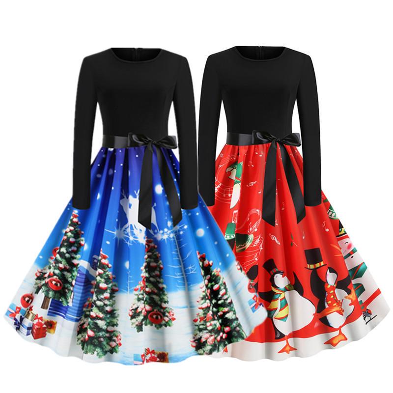 Buy Vintage Christmas Dresses Women Long Sleeve Hepburn Casual Vestidos ...