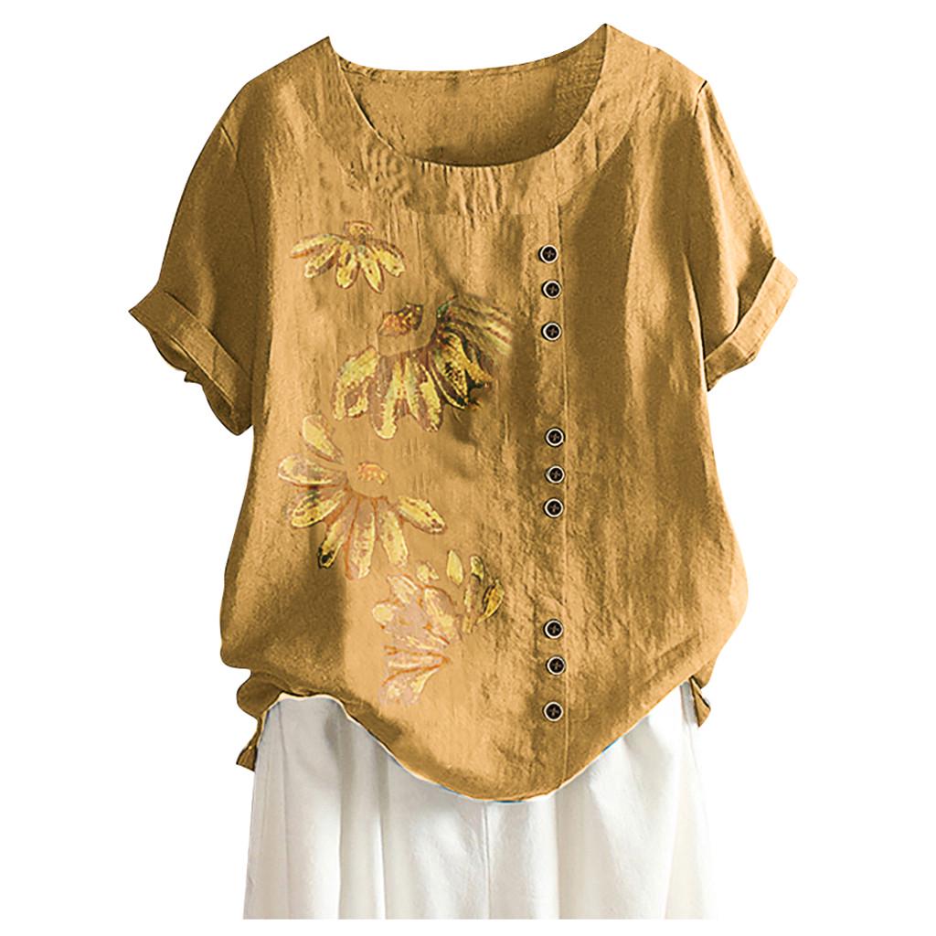 Buy Jo Plus Size Women Short Sleeve Cotton Linen O Neck Button