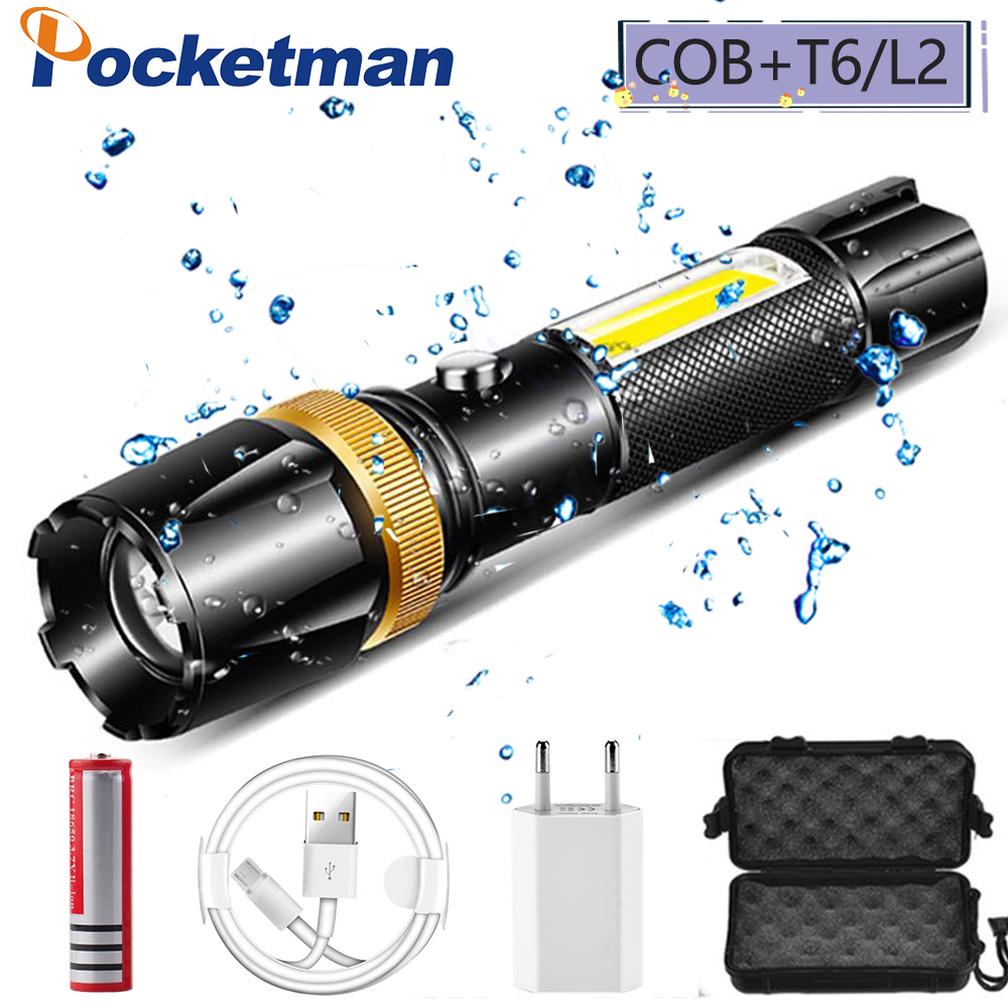 Buy T6/L2 Ultra Bright COB LED Flashlight 5 Modes Zoomable Light Use ...