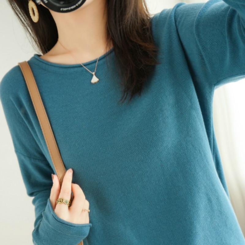 Female Round Neck Bottom Sweater Loose Long Sleeve Sweater Solid Color ...