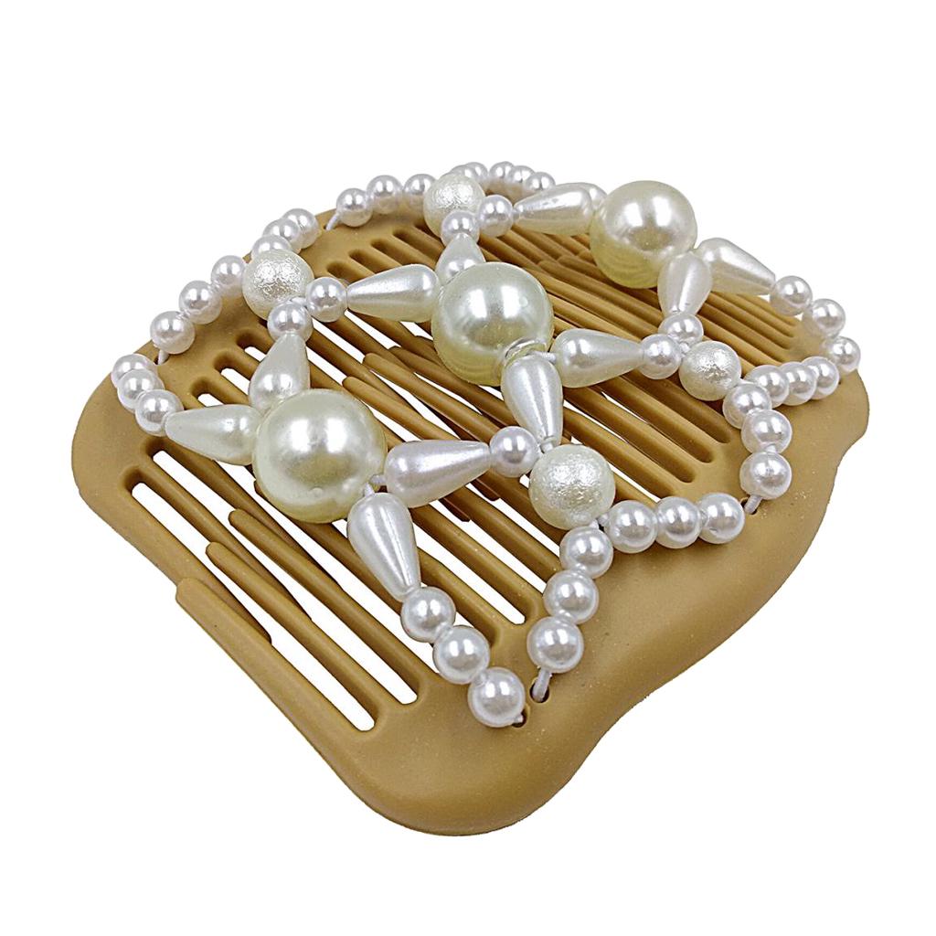 Womens Beads Pearls Magic Elastic Hair Clips Stretchy Double Combs ...