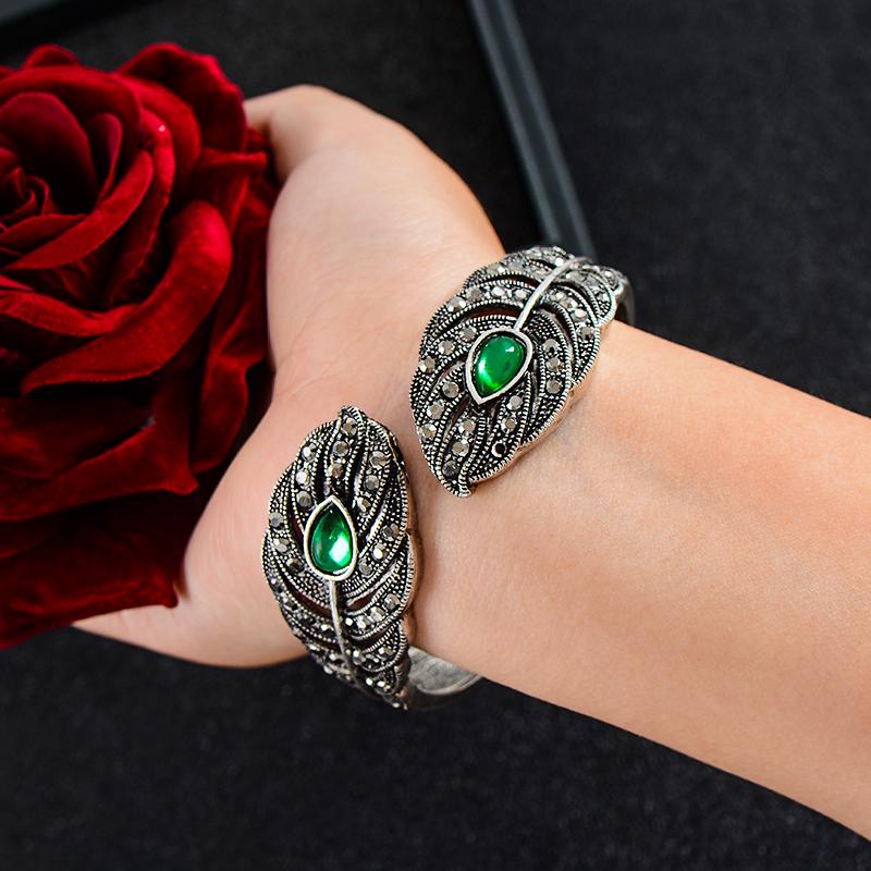 Vintage Jewelry Silver Color Feather Green Stone Punk Rock Rings For ...