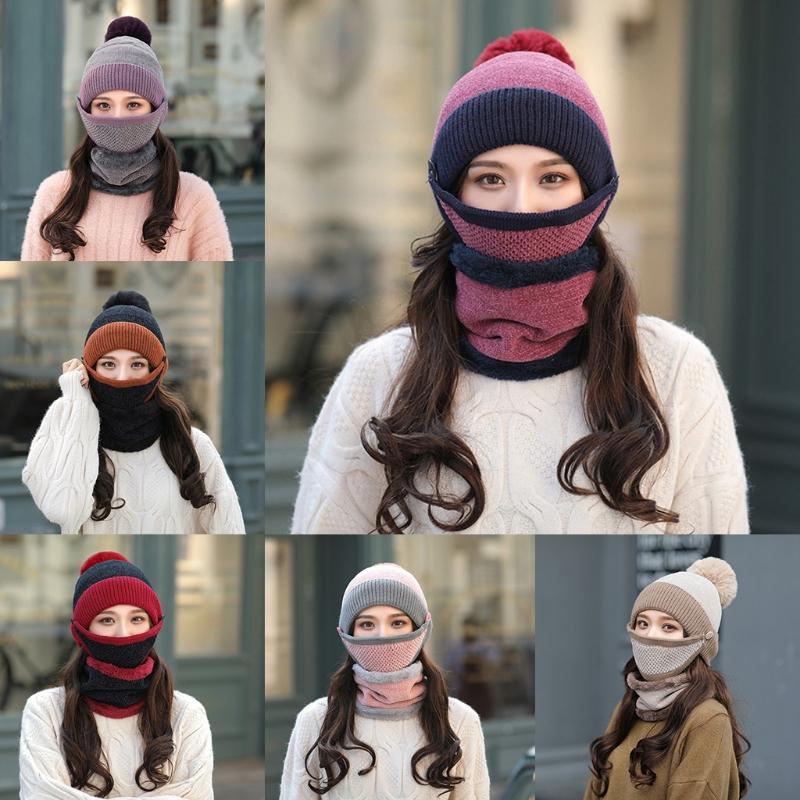 Buy Women Winter 3Pcs Beanie Hat Scarf Face Mask Set Cycling Contrast ...