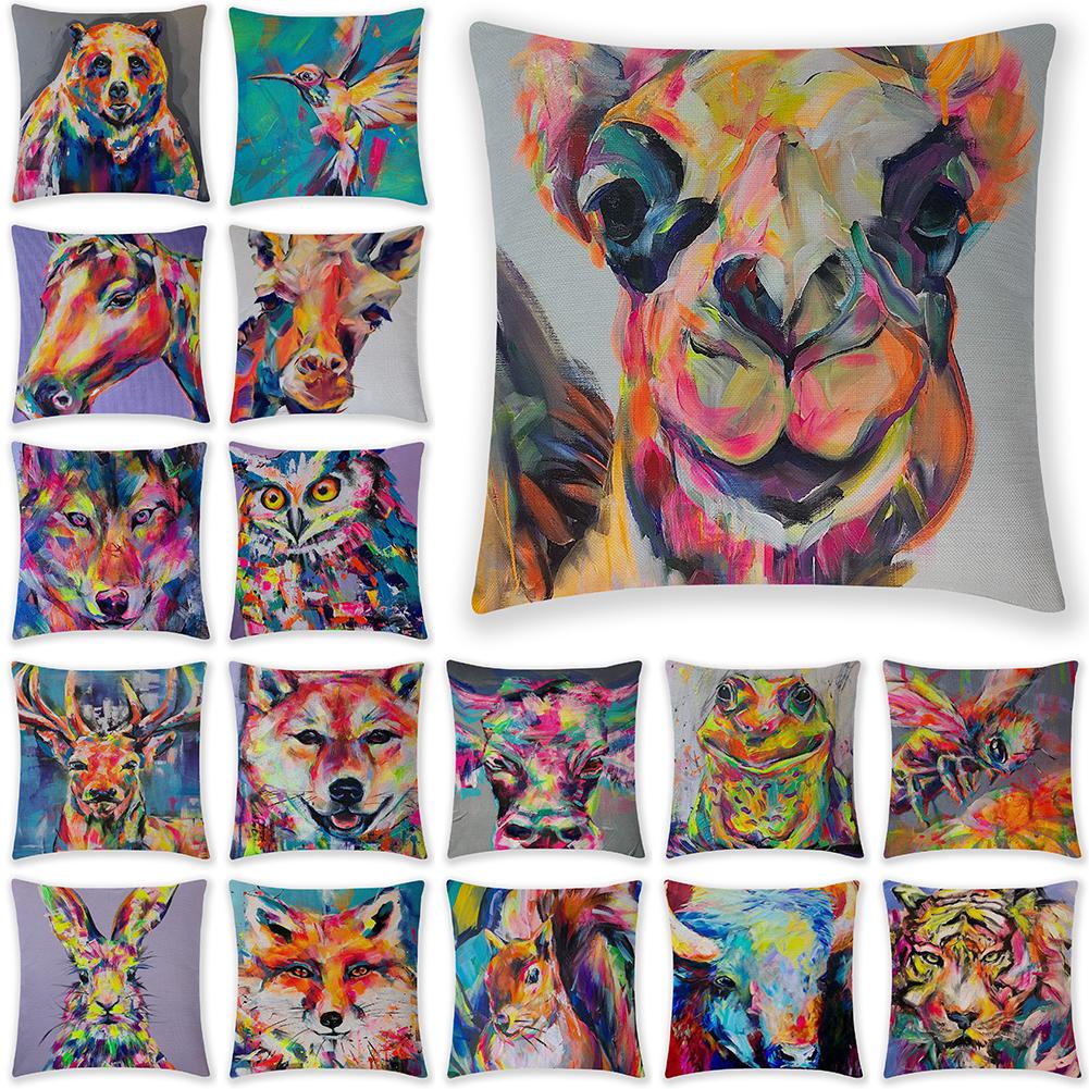 18" Oil Painting Animal Pillow Case Linen Sofa Car Chair Home ...