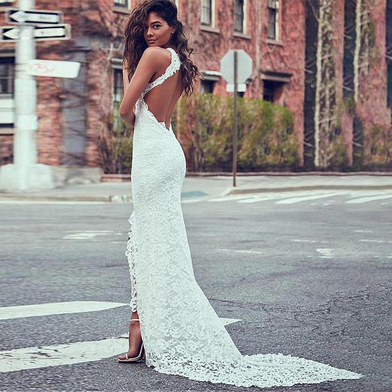 O Neck Backless Dress Lace Embroidery Hollow Out Split Long Robe Lady ...