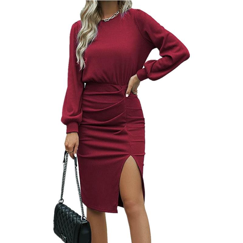Buy Threaded Waist Lantern Long Sleeve Knit Slit Pack Hip Dress at ...