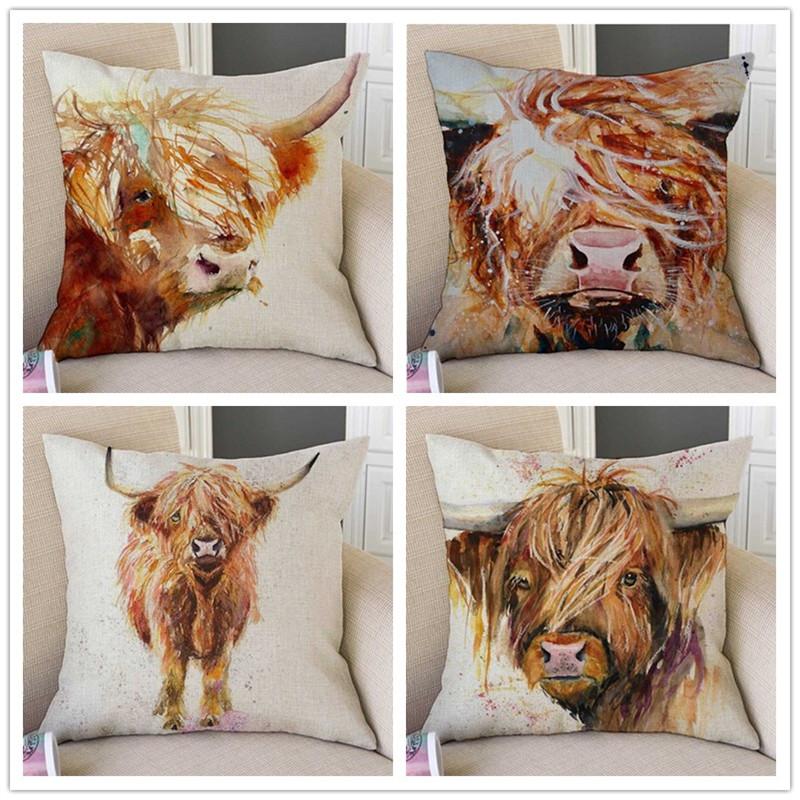 Watercolor Splash Art Scotland Highland Cow Yak Long Hair Cattle Sofa ...