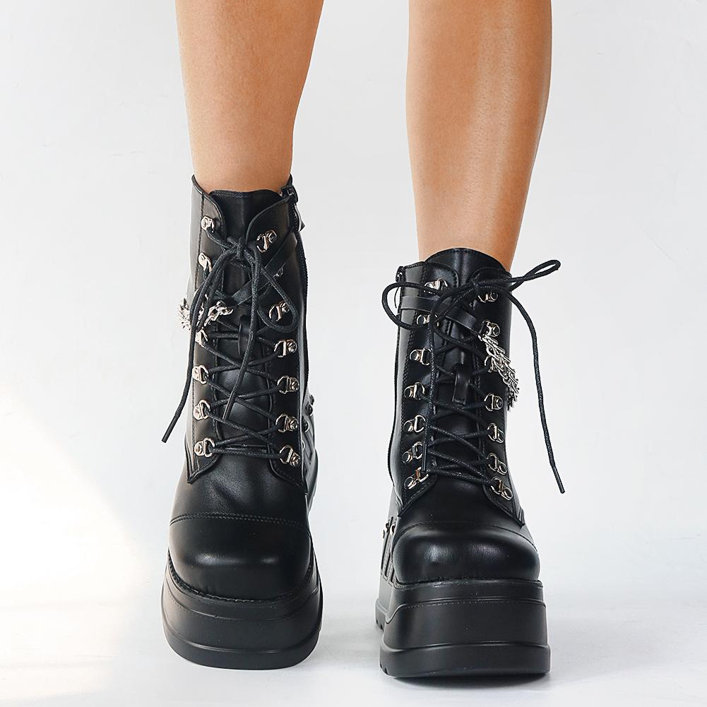Brand Punk Goth Platform Motorcycle boots Wedges Women's Boot Lace Up ...