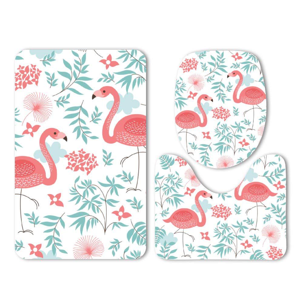 Flamingo Pink Blue Flower Grass 3 Piece Bathroom Rugs Set Bath Rug ...