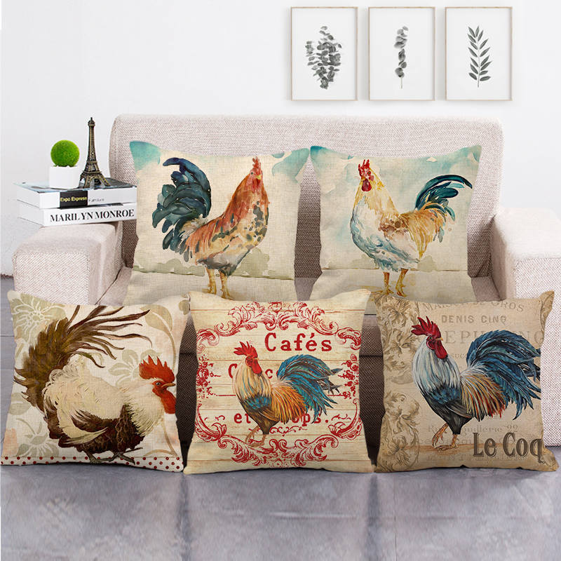 Buy Vintage Farm Rooster Cotton Linen Pillow Covers Decorative Oil ...