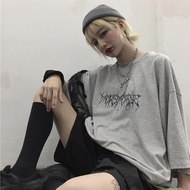 Harajuku Gevşek Büyük Boy Tişört Punk Mektup Gotik Baskı Kısa Kollu ...