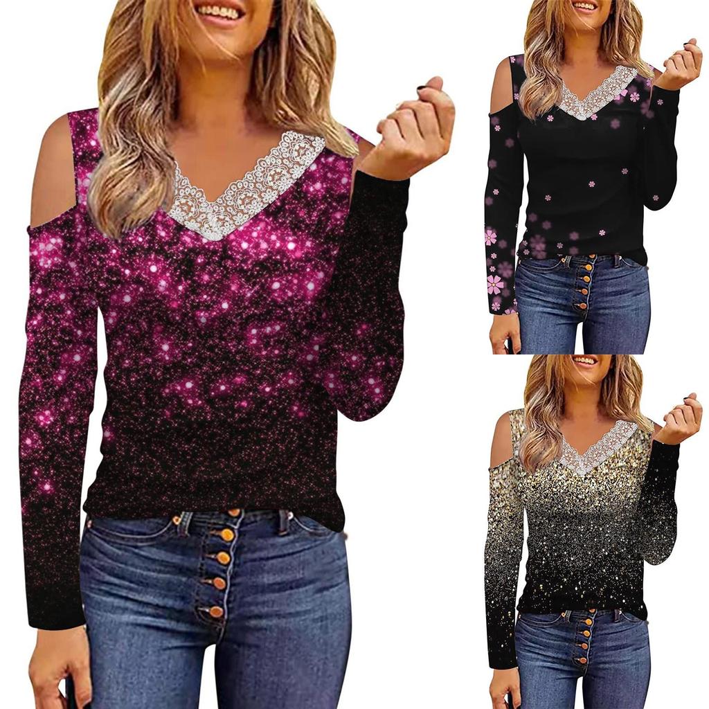Buy Women Casual Printed Long-sleeved Off-shoulder V-neck Blouse Tops ...