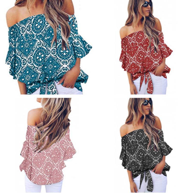 Women Fashion Boat Neck Collar Delicate Printed Shirt Tops uygun ...