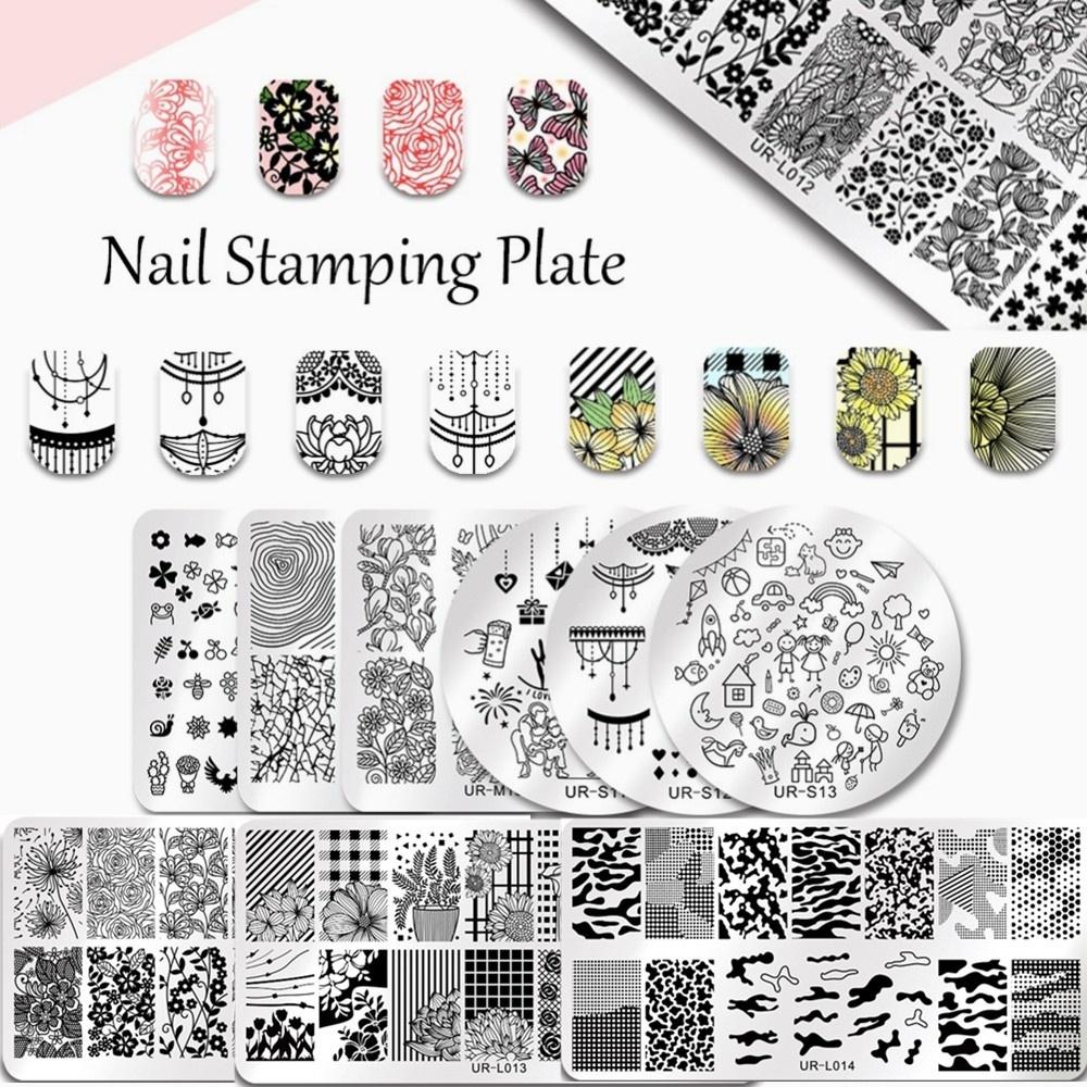 UR SUGAR Flower Nail Stamping Template Rose Grid Floral Daisy Wood ...