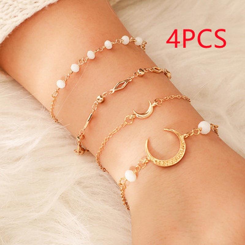 Buy 4 Piece Set Fashion Crystal Bracelet Gold and Fashion Moon Shaped ...