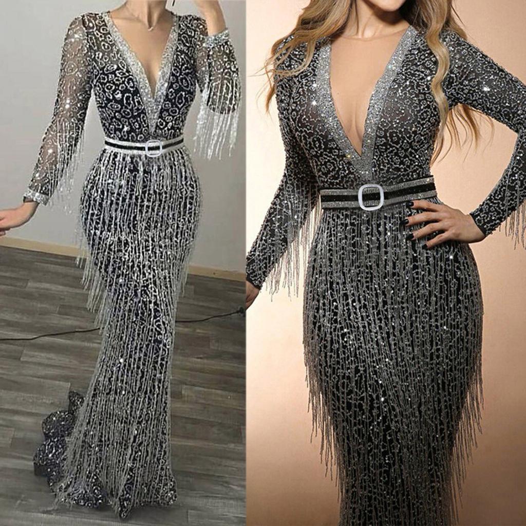 Buy Womens Sexy Solid Color Long Sleeve V Neck Sling Sequin Long Full