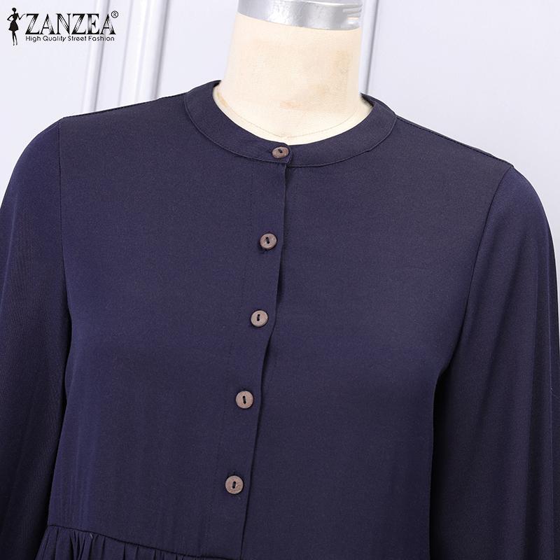 Cheap ZANZEA Women's Round Neck Long Sleeve Half Placket Button Solid ...