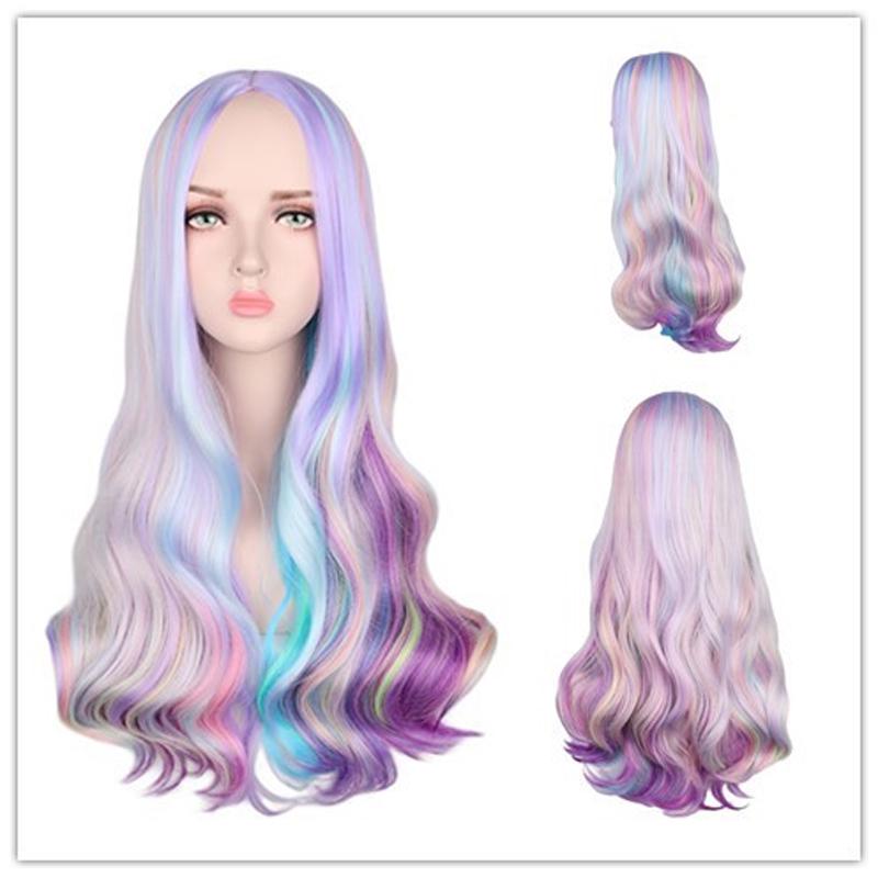 Rainbow Colorful Long Curly Wig Cosplay Party Women High Temperature ...