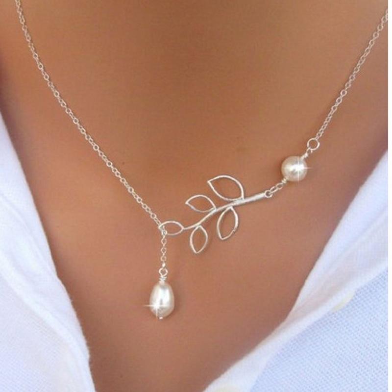 Leaves Pearl Drops Necklace Individuality 8 Pattern Crosses Clavicle ...