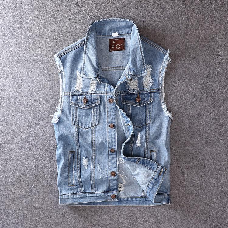 Summer new men's denim vest high quality hole slim slim tide vest uygun ...