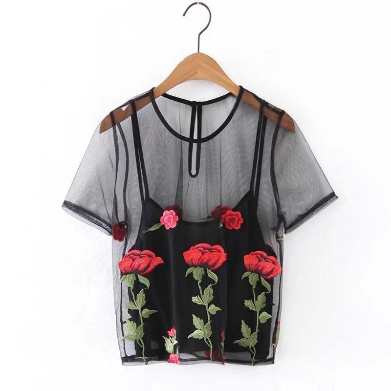 Buy Women Mesh Net Embroidered T-Shirt Transparent Tee Shirt Tops Slim ...