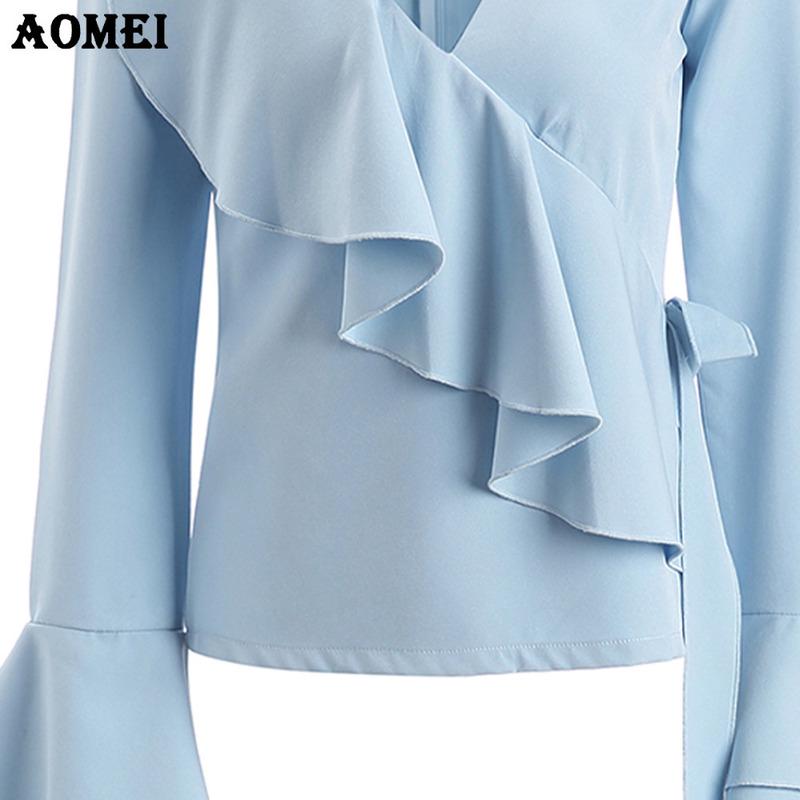 Blue Ruffle Blouse Chiffon Flare Long Sleeve V-Neck Peplum Bowknot ...