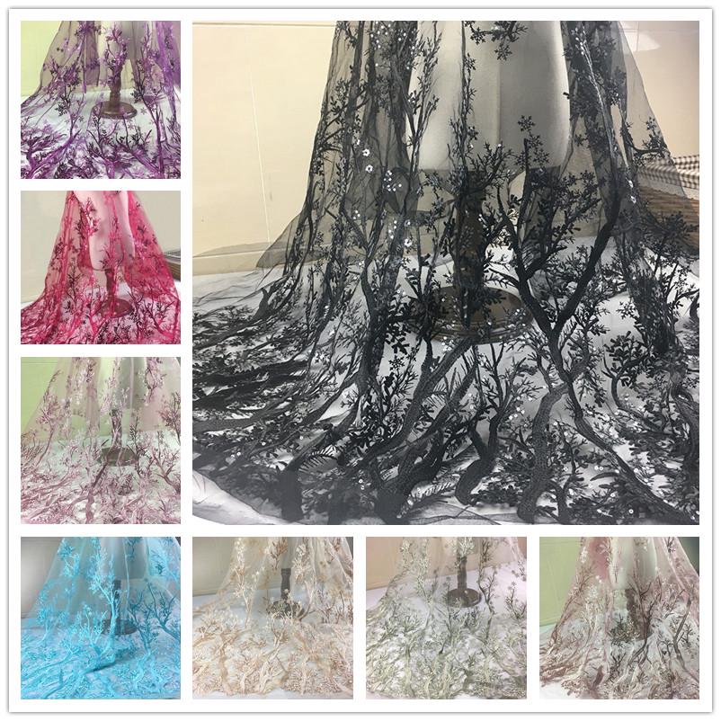 Buy 3D Trees Embroidery Lace Sequins Fabric Tulle Bridal Wedding Dress ...