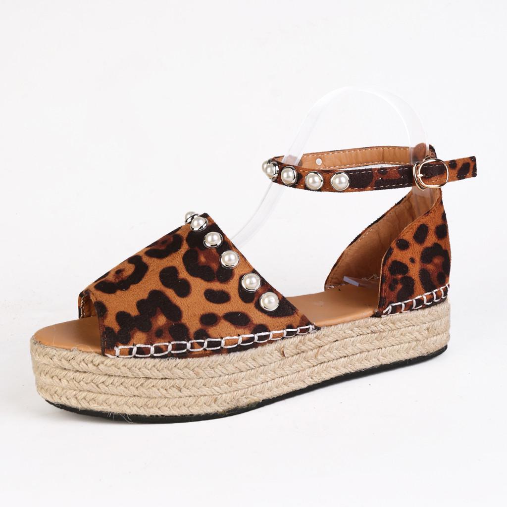 Buy Women's Ladies Pearl Strap Ankle Leopard Platform Wedges Sandals ...