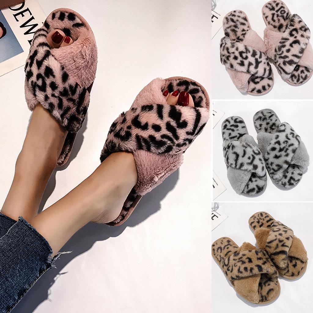 Buy LEADER Women Warm Leopard Plush Soft Slippers Indoors Anti-slip ...
