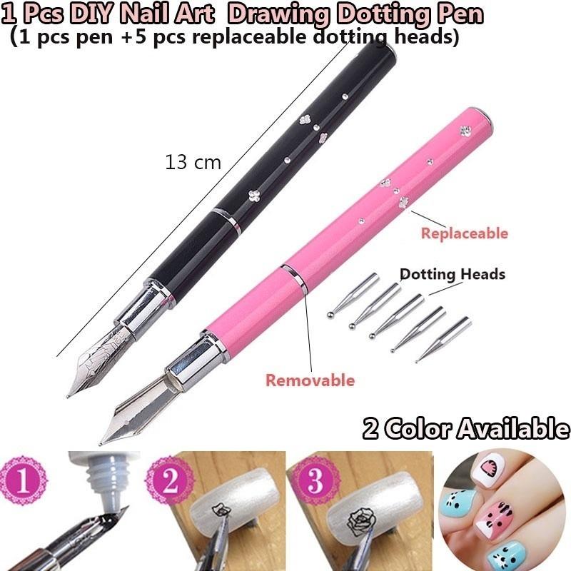 Buy Stainless Steel DIY Nail Art Drawing Dotting Pen with 5 Pcs ...
