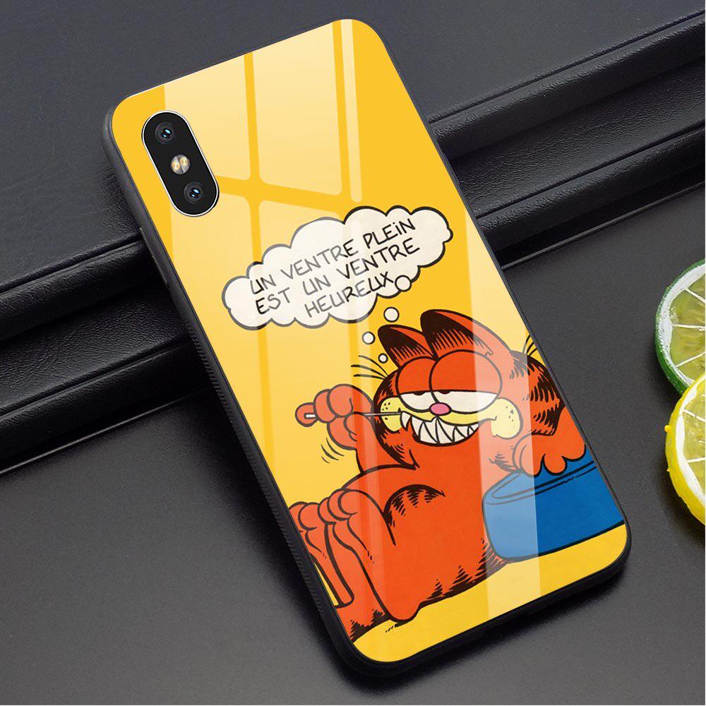 Cute Garfield Glass Phone Case for Redmi Go Xiaomi Huawei P9 Honor ...