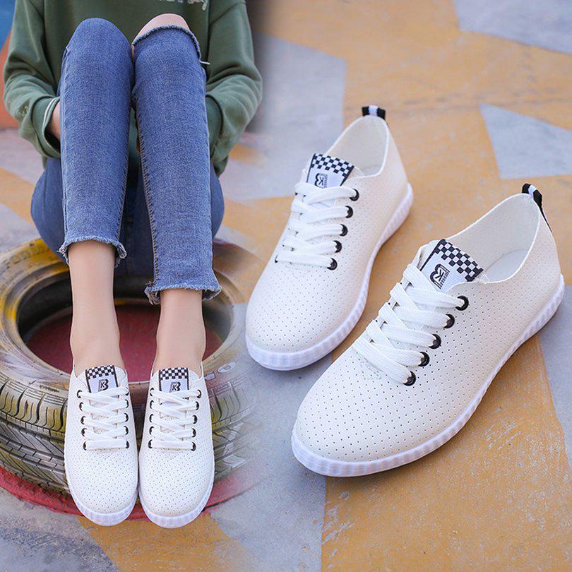 Buy YG Breathable Hollow Shoes PU Leather Flat Rubber Sole Lace Up ...