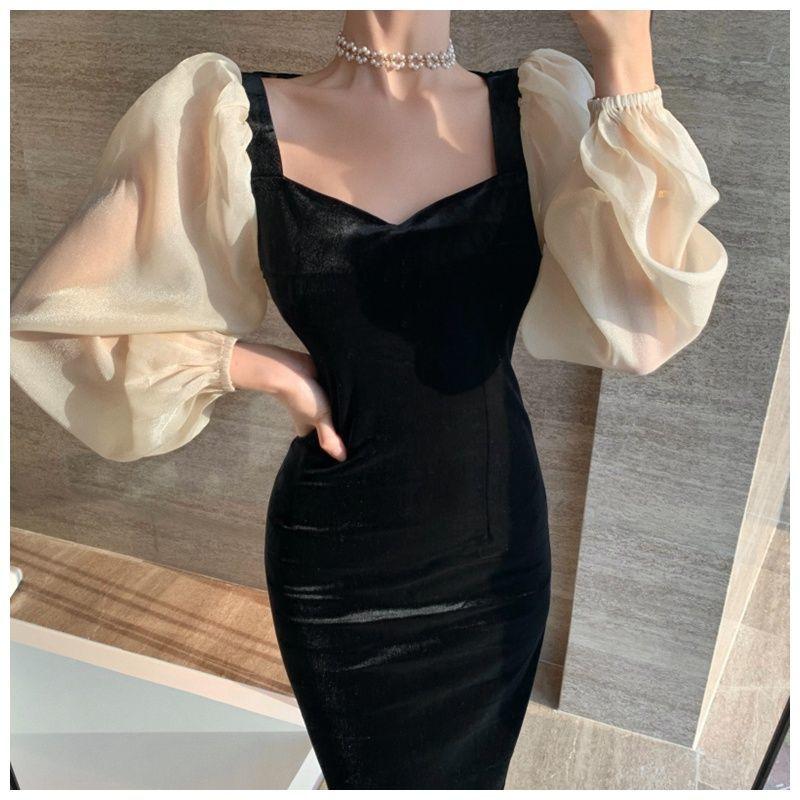 Купити Нове маленьке чорне оксамитове плаття в стилі Хепберн із V подібним вирізом і спідницею