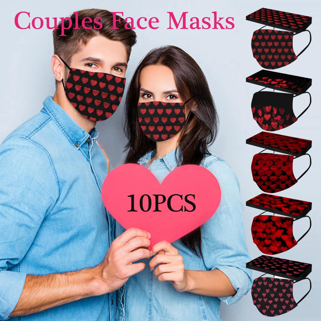 10PC Adult'S Printed In Love Mask Disposable Protective Couples Face ...