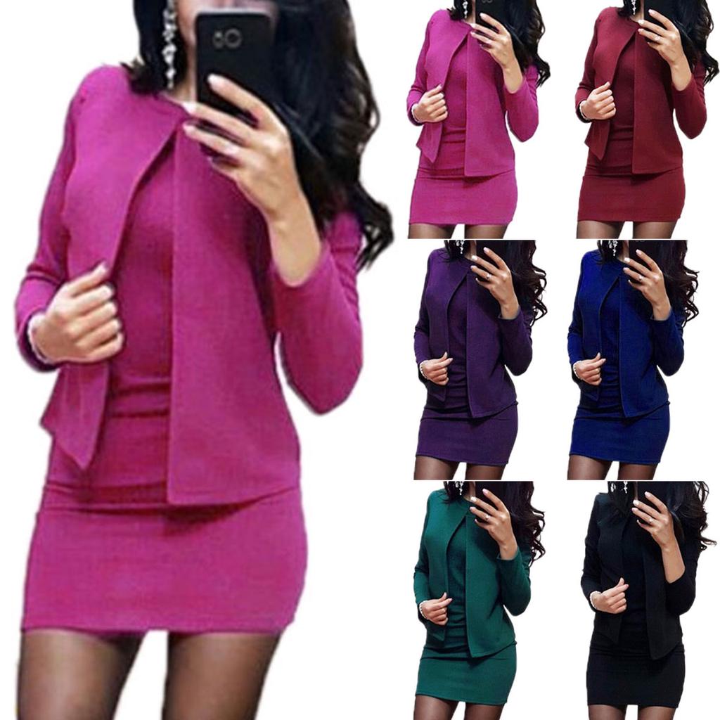 Buy 2Pcs Women Formal Suit Long Sleeve Coat Bodycon Sleeveless Pencil ...