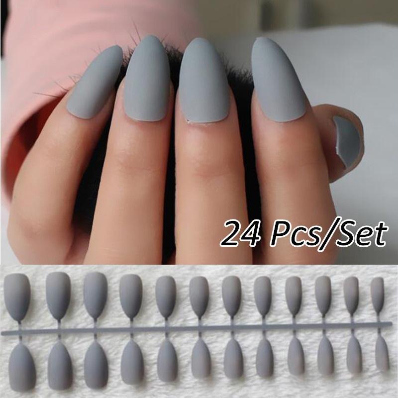 Sharp Oval End Pure Color Full Cover Artificial Fake Nails Matte Nail ...