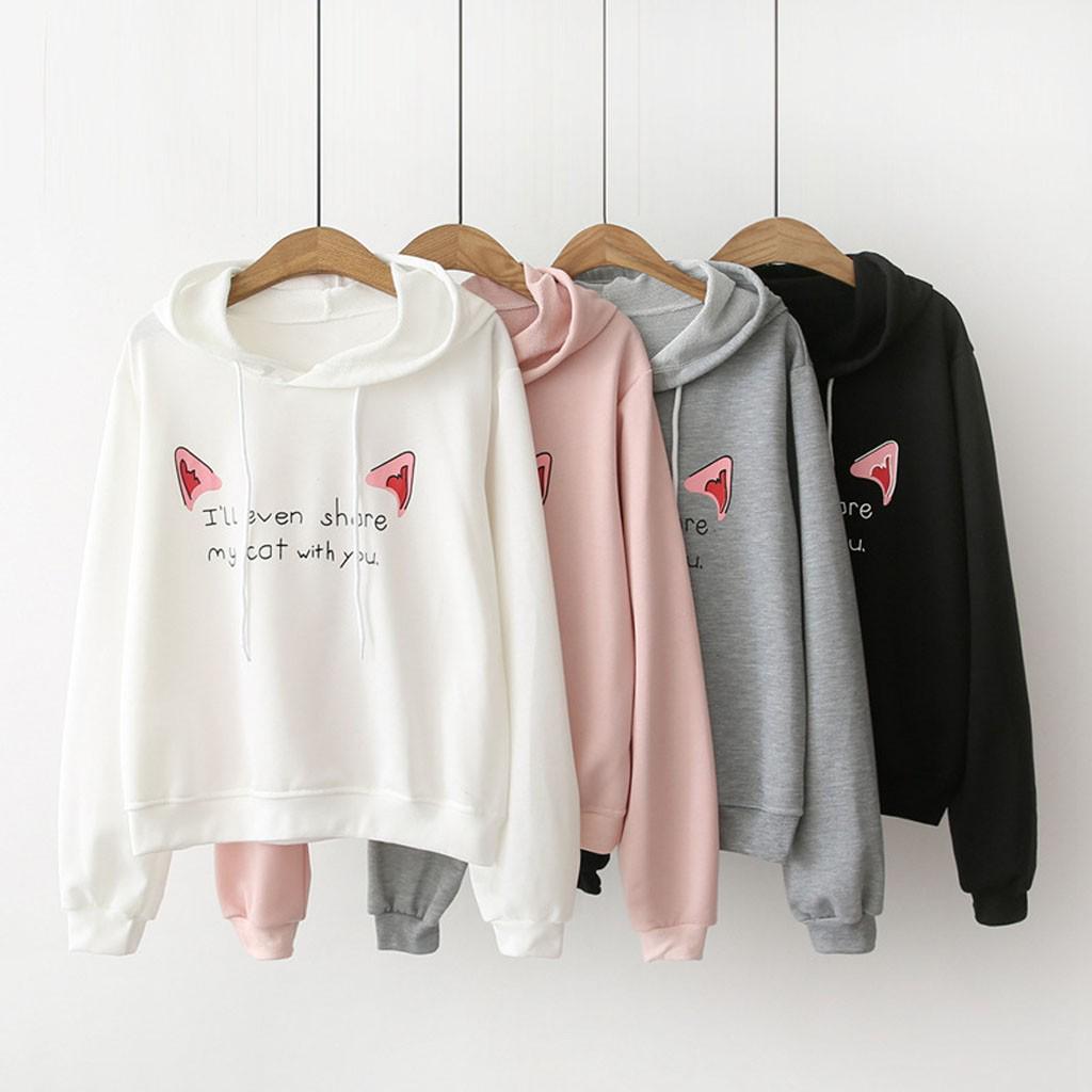 Buy Women Casual Cat Ears Print Sweatshirt Pullover Blouse Tops Long ...