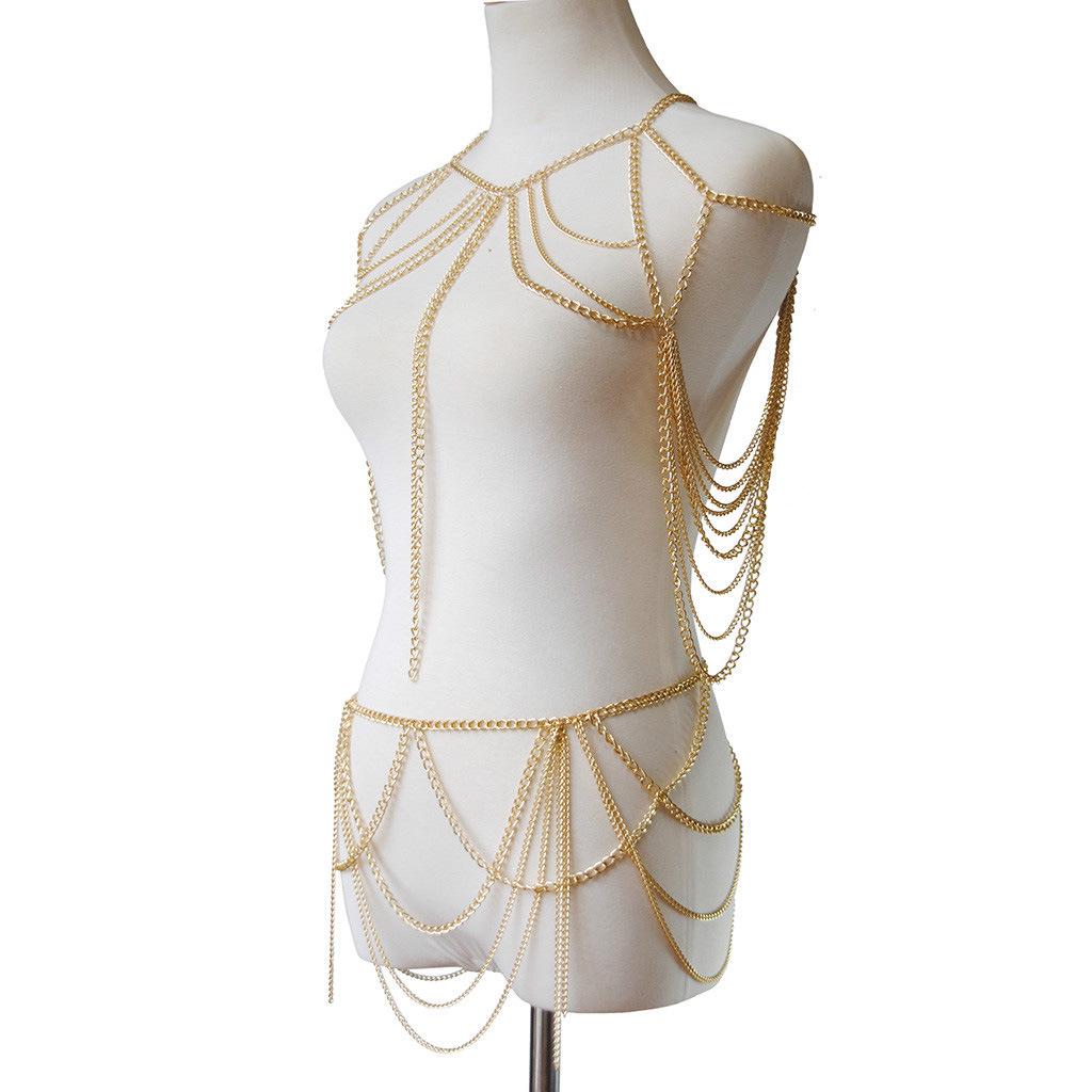 Womens Body Chain Set Metal Multilayer Bra Dress for Bikini Nightclub ...