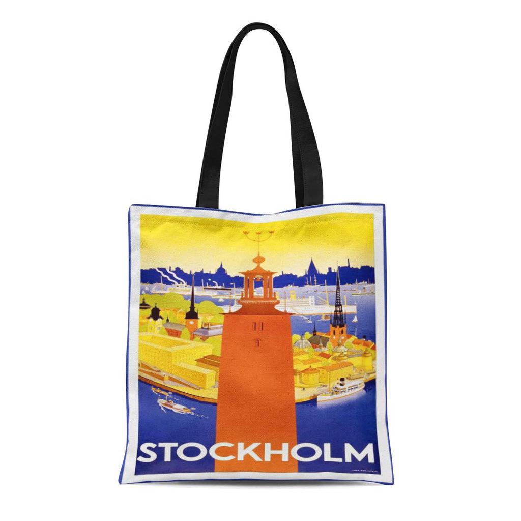 Canvas Tote Bag Blue Sweden Stockholm Vintage Travel Yellow Port Ships ...